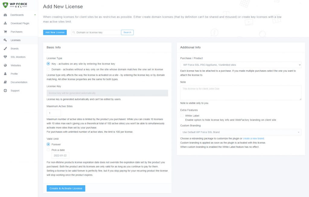 Add New License Key – WP Force SSL